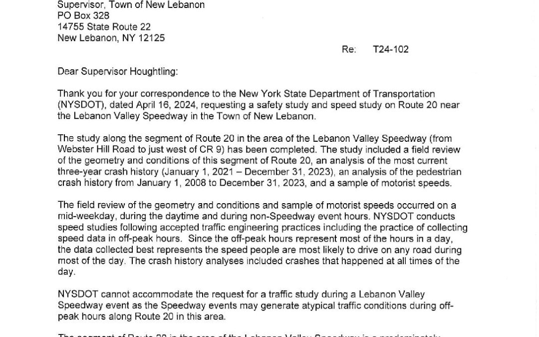 Letter from NYSDOT RE Safety Study Request | Town of New Lebanon